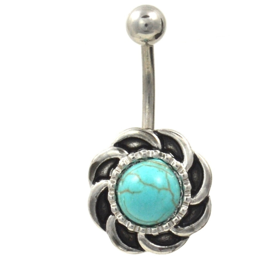 Turquoise Stone Swirly Vintage Medallion Belly Ring | BodyDazz.com
