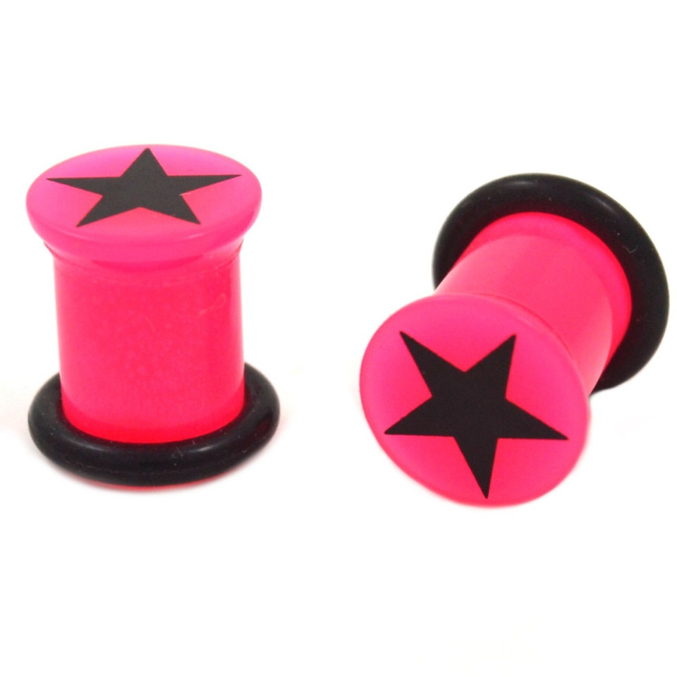 Pink & Black Star Single Flared Ear Plugs (6g-00g) | BodyDazz.com