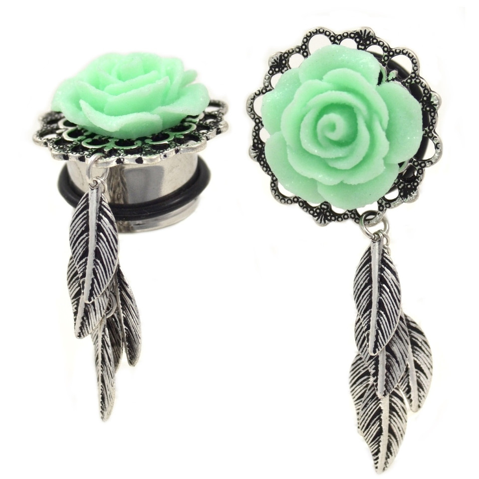 Green Rose & Leaves Dangle Plugs (2g-1") | BodyDazz.com