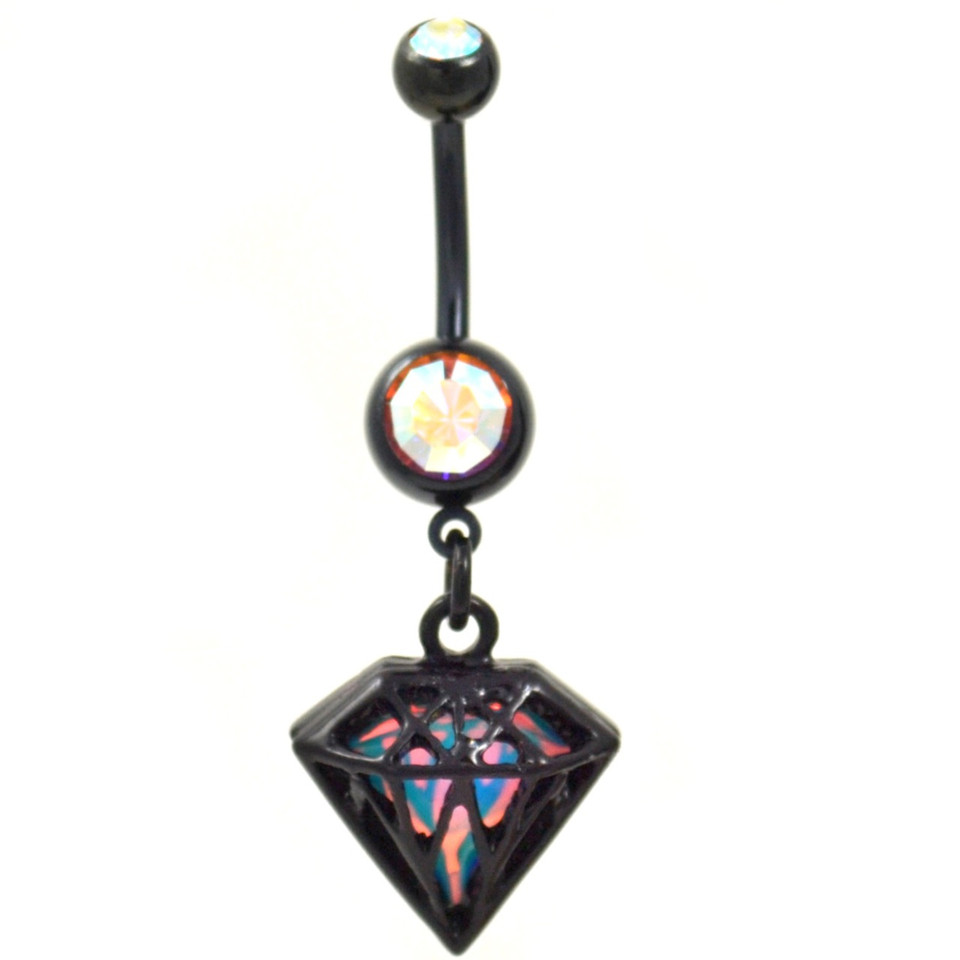 Iridescent Background Black Diamond Belly Ring | BodyDazz.com
