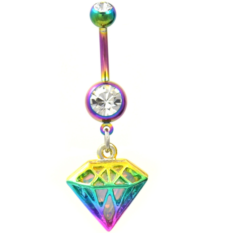 Iridescent Background Rainbow Diamond Belly Ring | BodyDazz.com