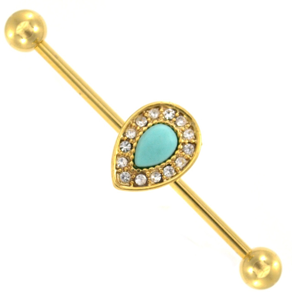 Gold Plated Turquoise Teardrop Industrial Bar 14g | BodyDazz.com