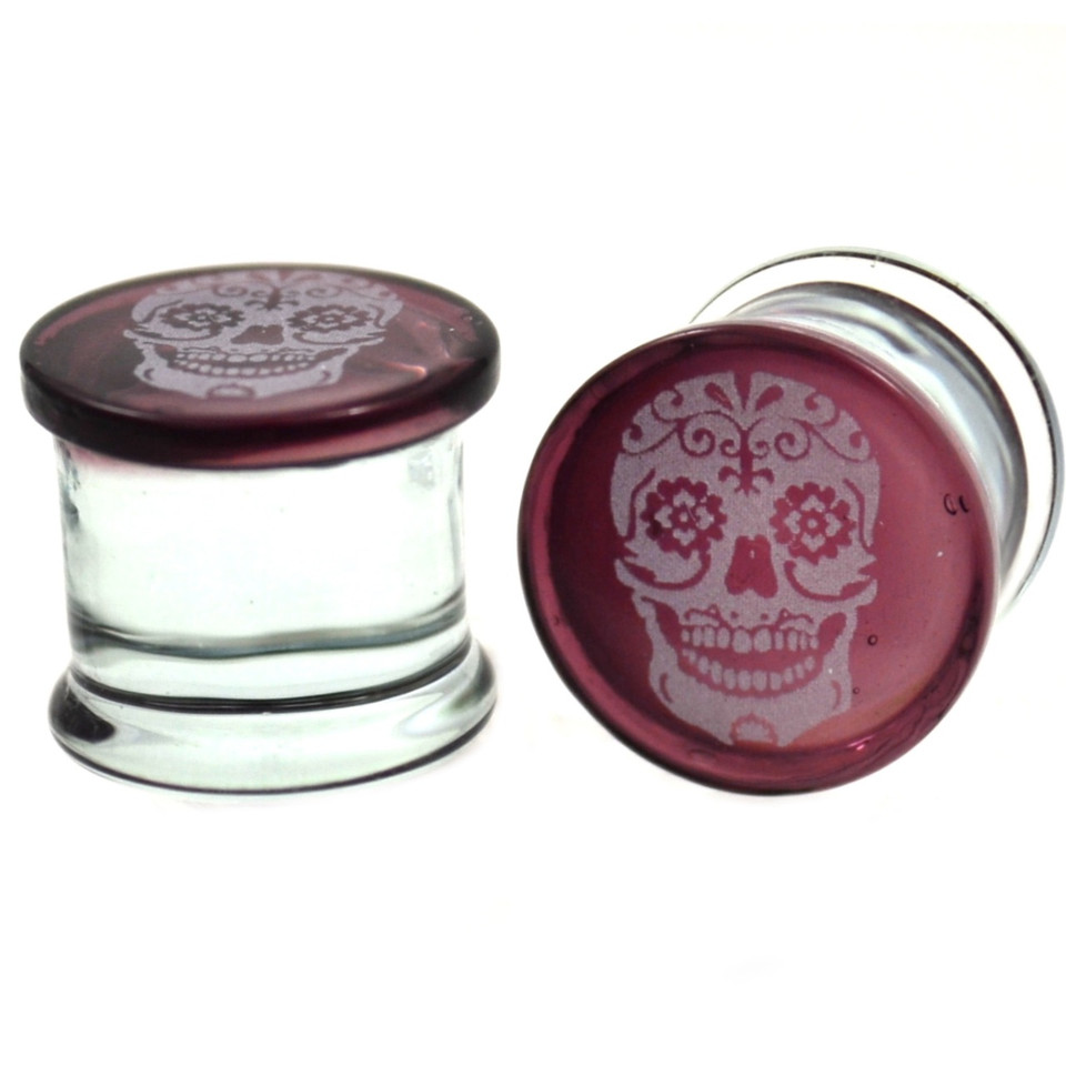 Maroon Sugar Skull Pyrex Glass Plugs (2g-5/8") | BodyDazz.com