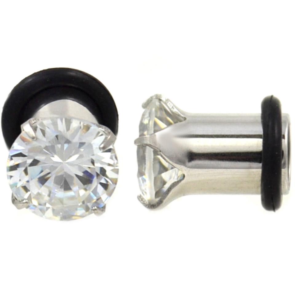 7mm (1G) Black Single Flared Clear CZ Gem Plugs | BodyDazz.com