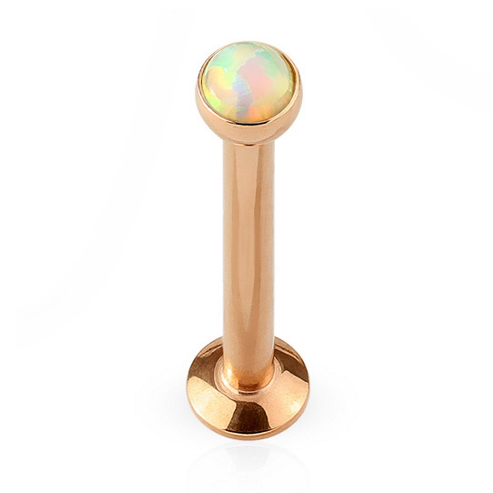 16G White Synthetic Opal Rose Gold-Tone PVD Labret | BodyDazz.com