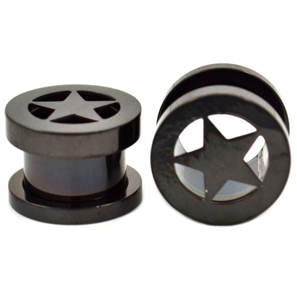 Black Titanium Star Screw Tunnel Ear Plugs (8g-1") | BodyDazz.com