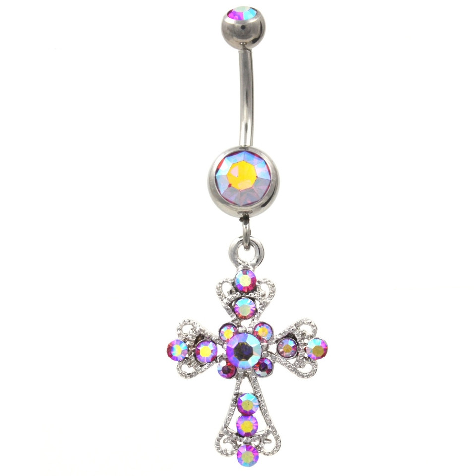 Fancy Cross Circular Gems Belly Ring (Rainbow) | BodyDazz.com