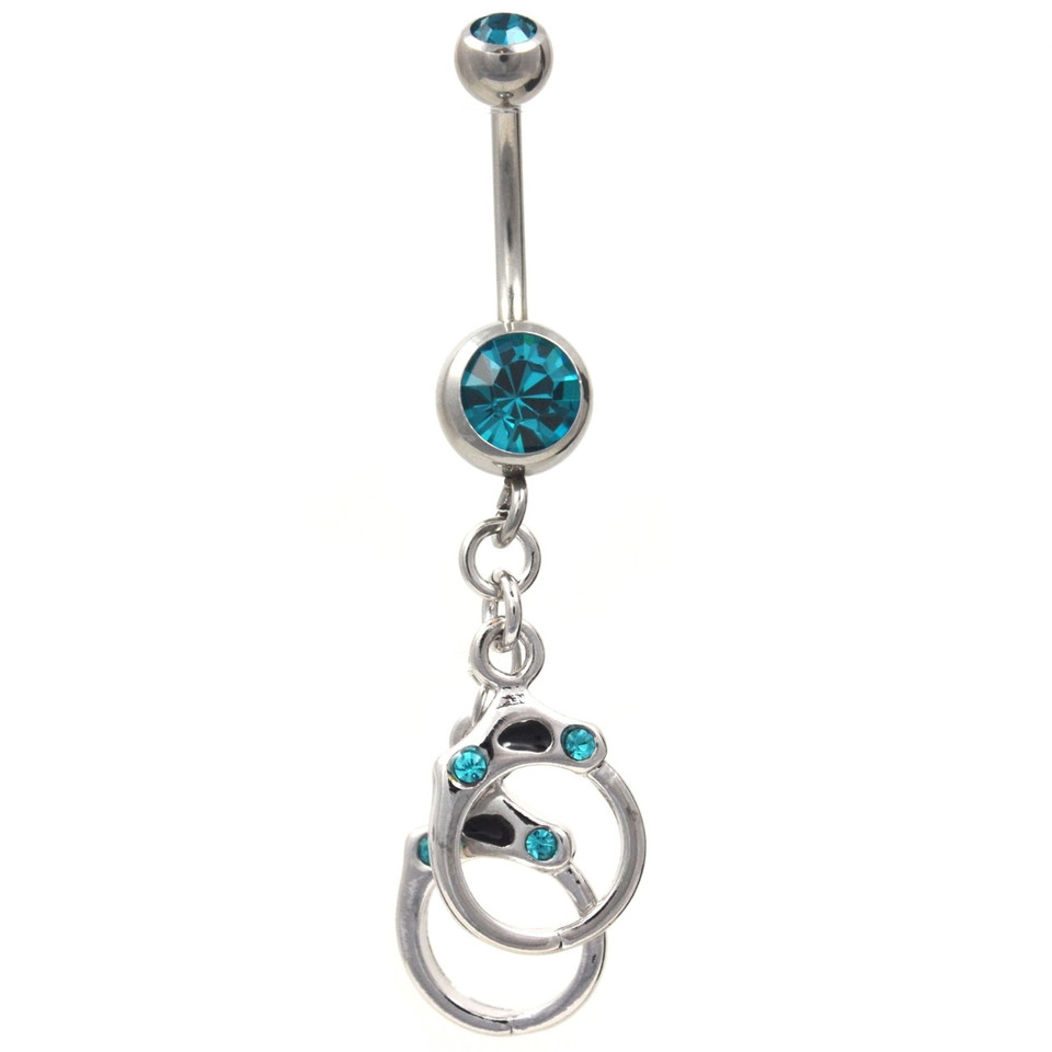 Pair of Handcuffs Blue Jeweled Belly Ring | BodyDazz.com