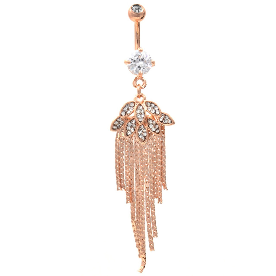 Rose Gold Gem Leaves & Waterfall Chains Belly Ring | BodyDazz.com