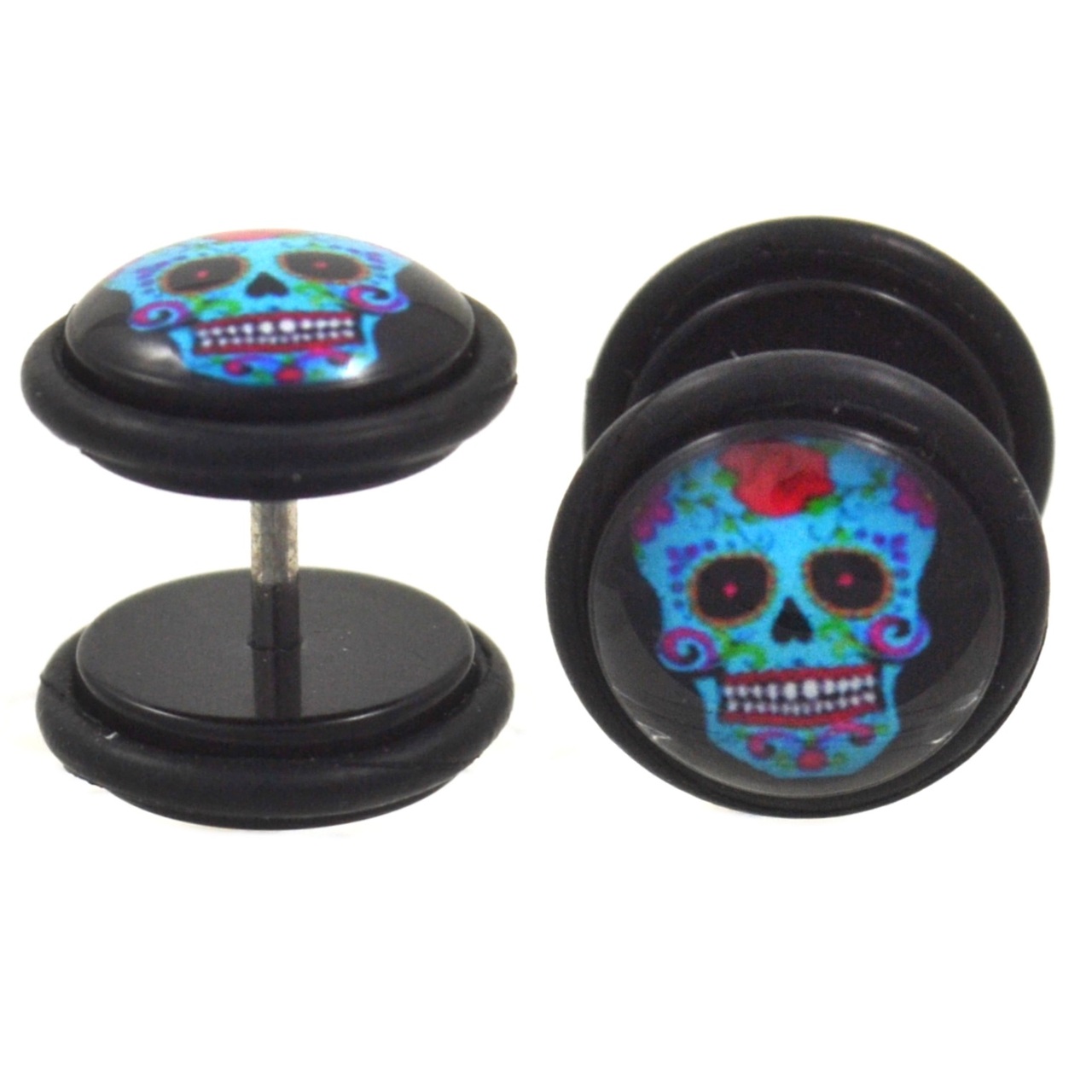 Colorful Sugar Skull Fake Plug Earrings (00g Look) | BodyDazz.com