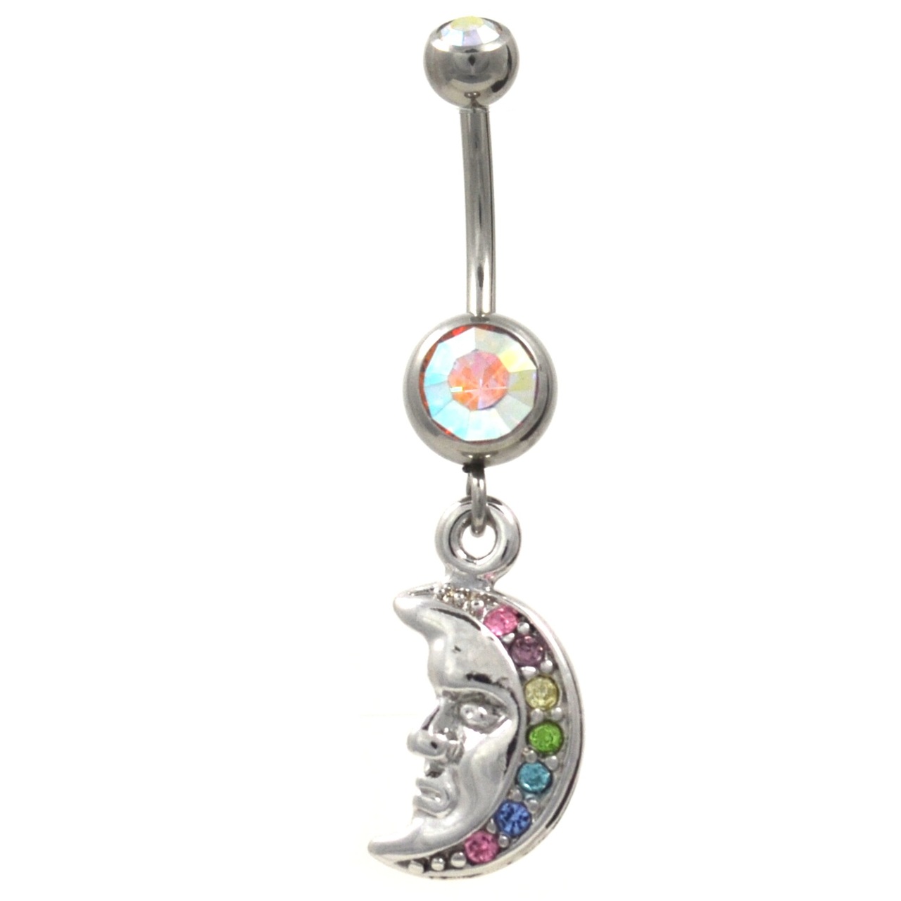Rainbow Gems Quarter Moon & Face Belly Ring | BodyDazz.com