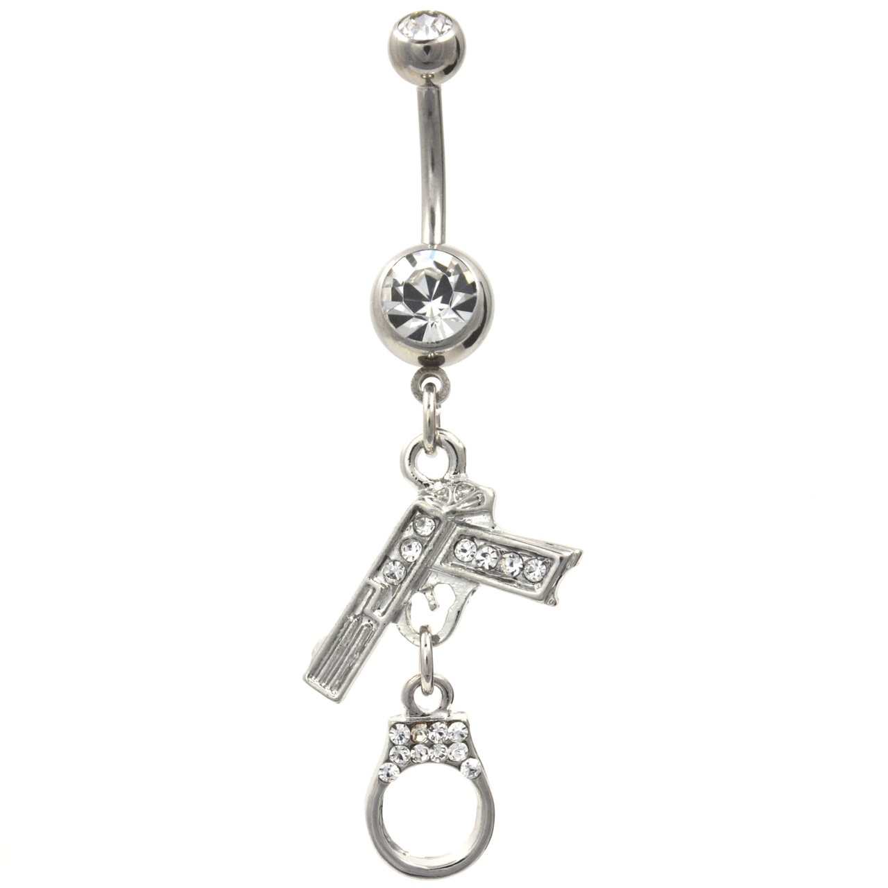 Clear CZ Gems Gun and Handcuff Dangle Belly Ring | BodyDazz.com