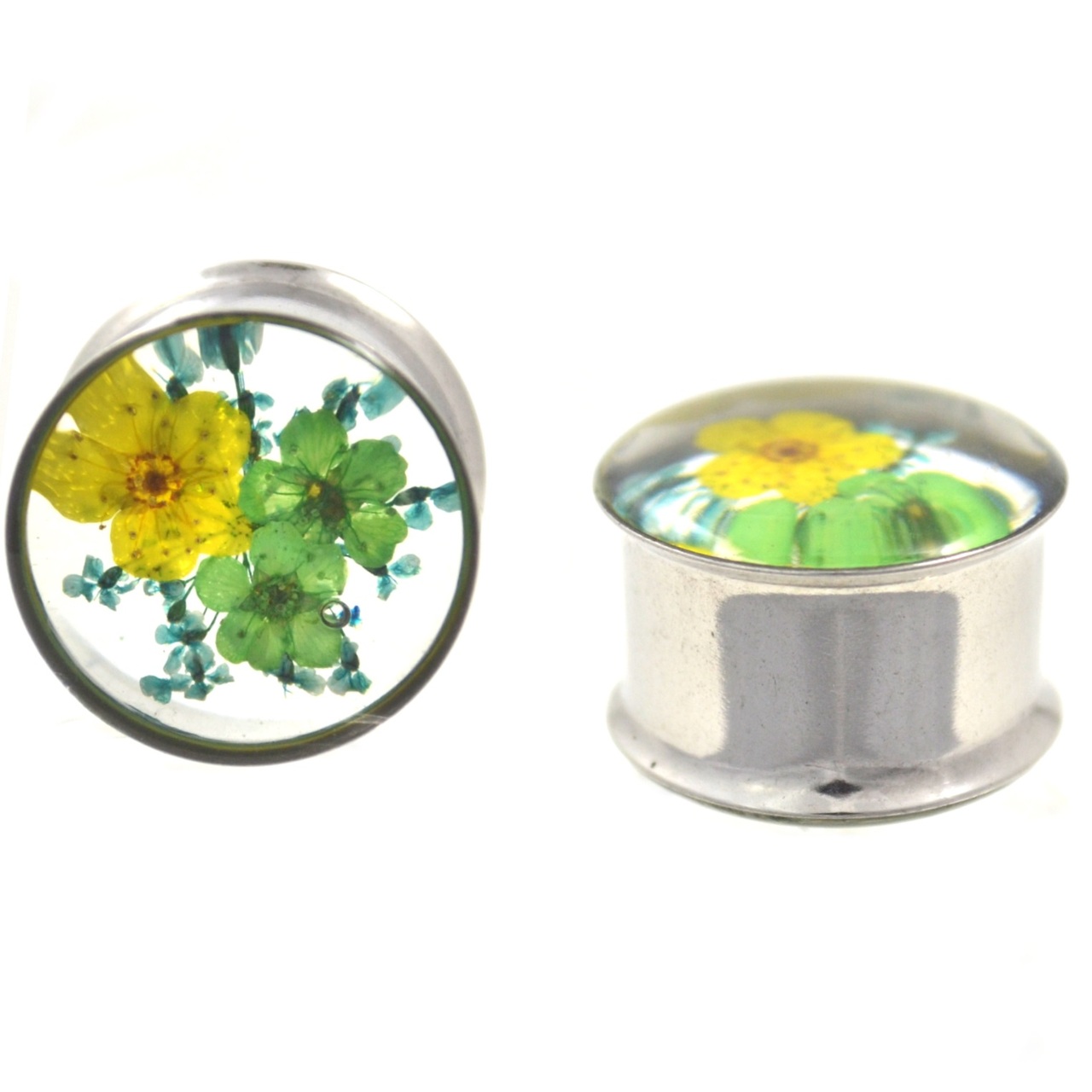 Real Green/Blue/Yellow Flower Center Plugs (00g-1") | BodyDazz.com