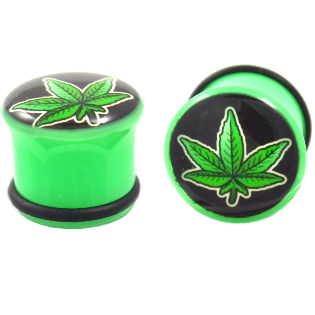Black/Green Pot Leaf Single Flared Plugs (2g-5/8") | BodyDazz.com