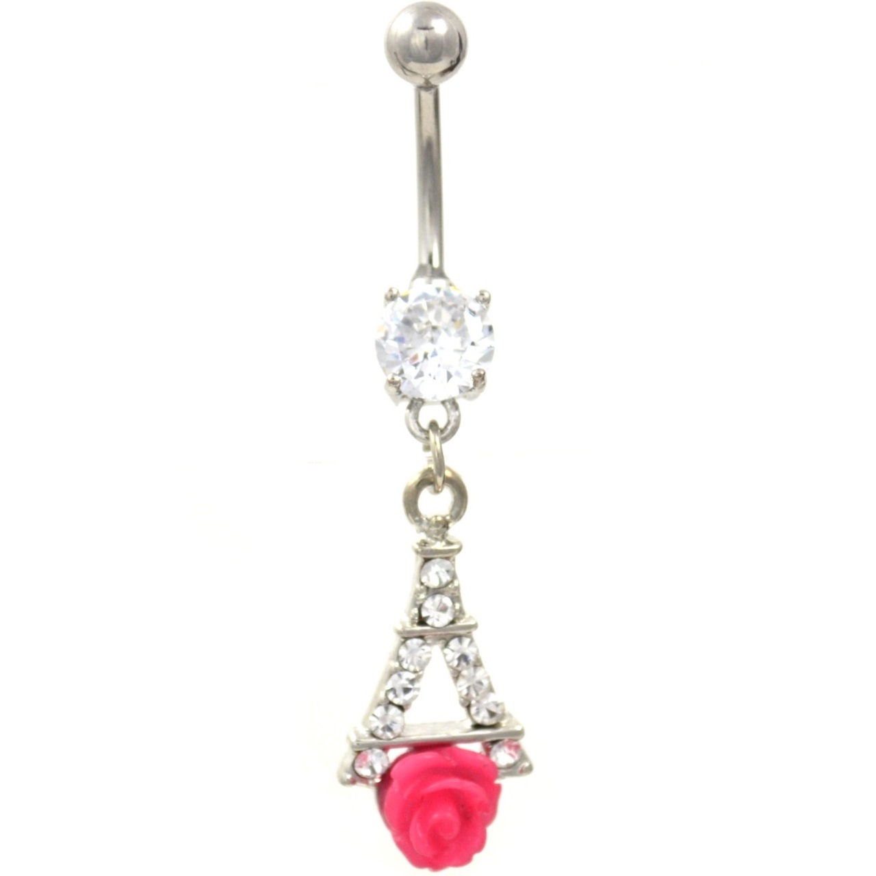Gem Paved Eiffel Tower Pink Rose Belly Ring | BodyDazz.com