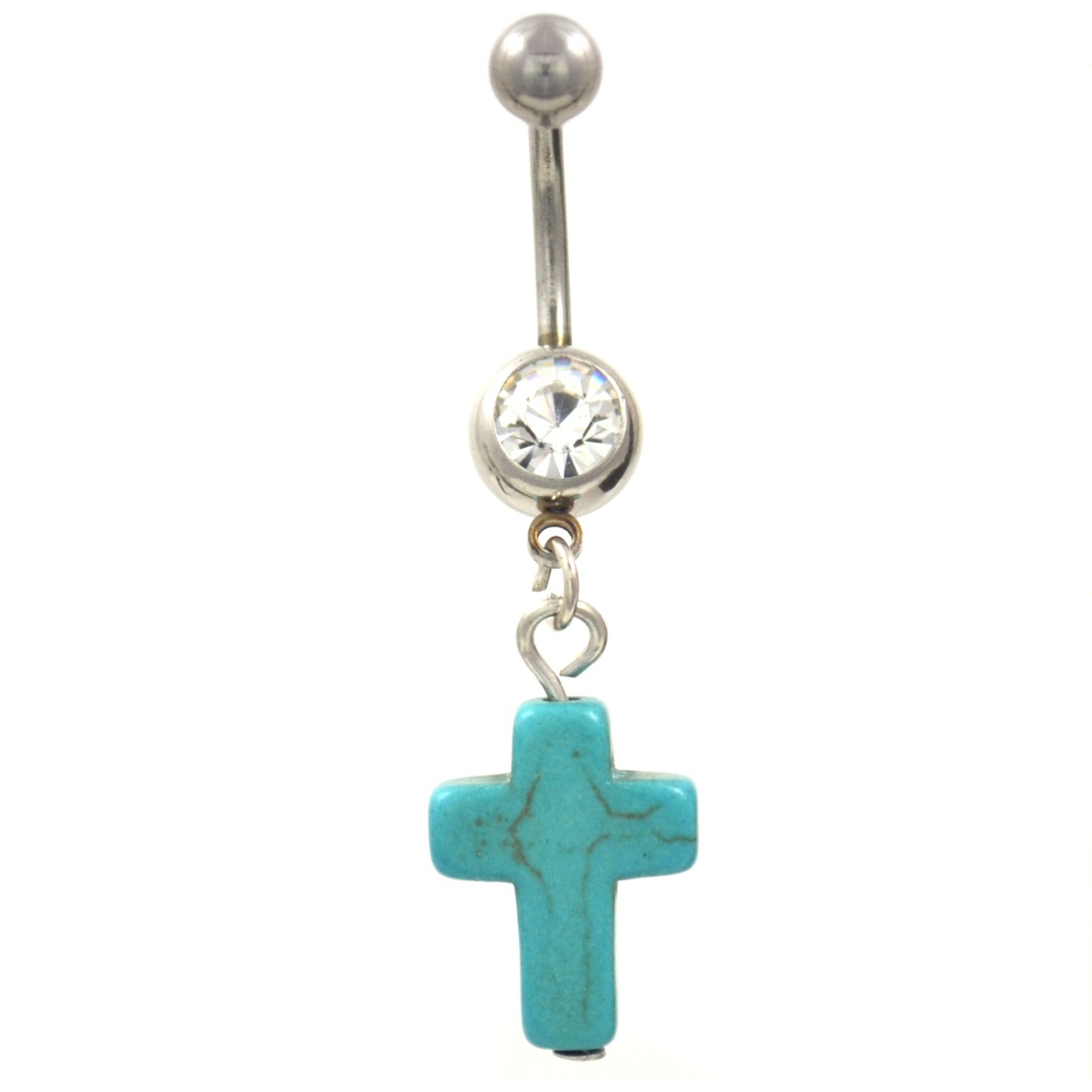 Turquoise Stone Cross Dangle Belly Button Ring | BodyDazz.com