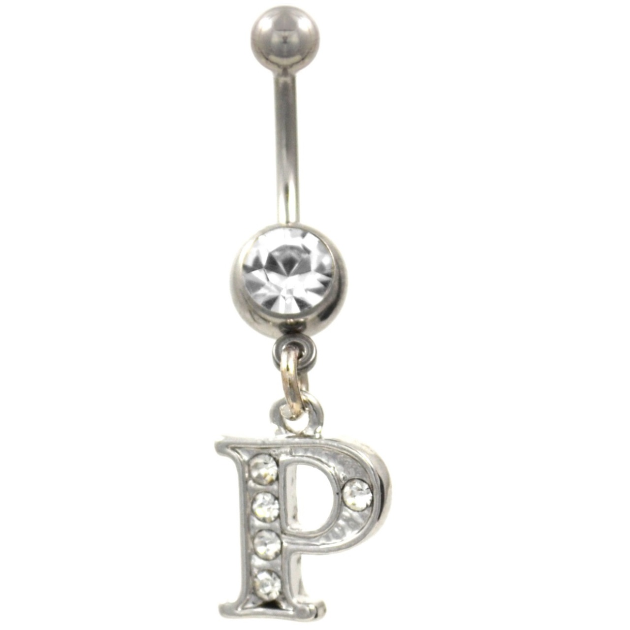Initial Letter "P" Clear Gems Belly Button Ring | BodyDazz.com