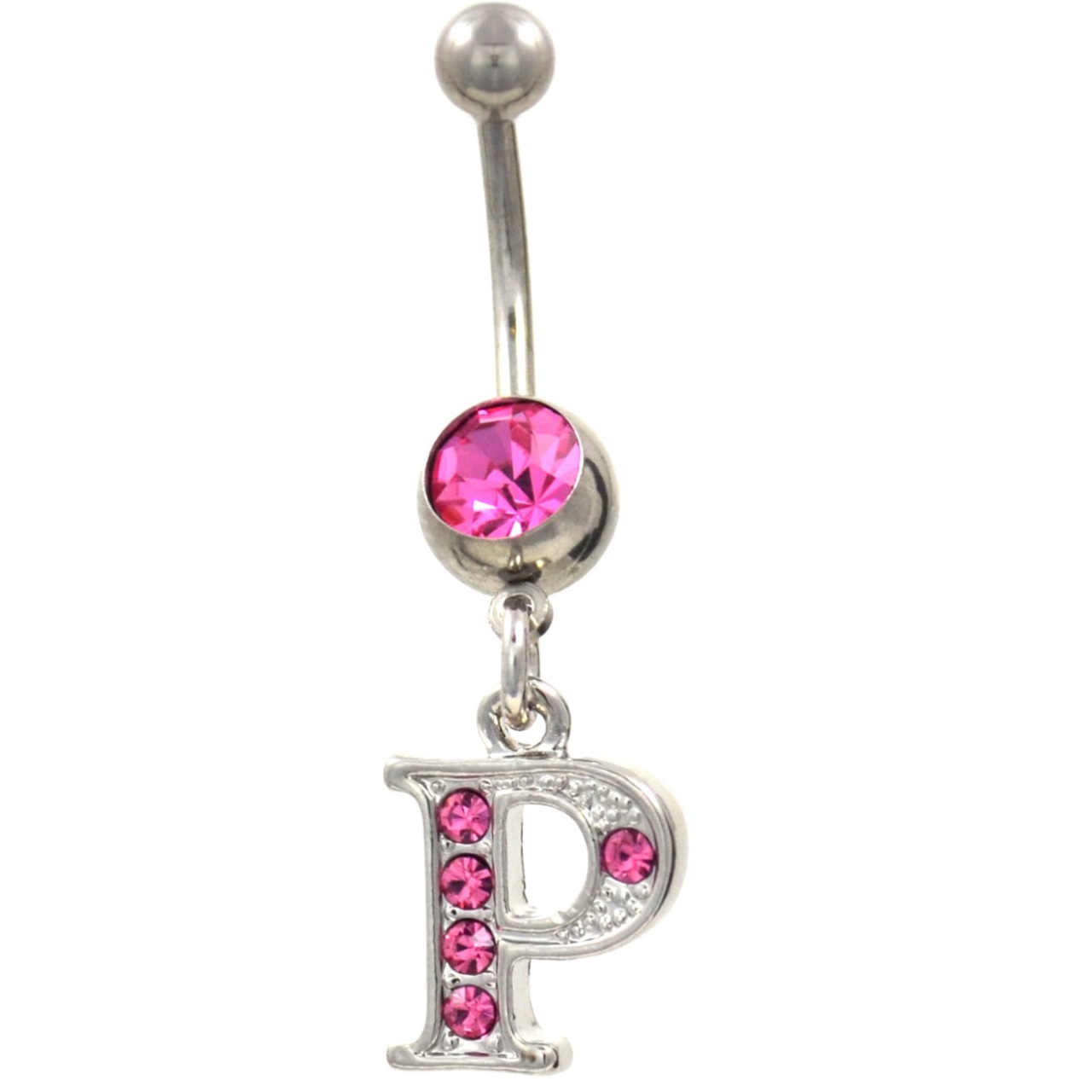 Initial Letter "P" Pink Gems Belly Button Ring | BodyDazz.com