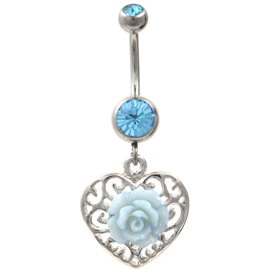 Blue Rose and Vintage Heart Background Belly Ring | BodyDazz.com