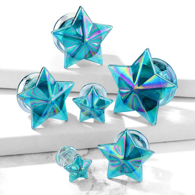 Blue/Rainbow Glass Faceted Star Plugs (2g-5/8") | BodyDazz.com