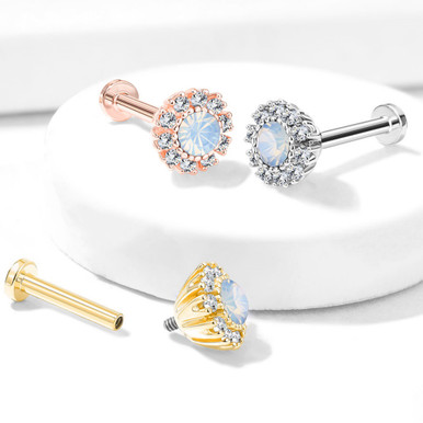 CZ & Opalite Center Flower Steel Labret Monroe Bar 16G | BodyDazz.com