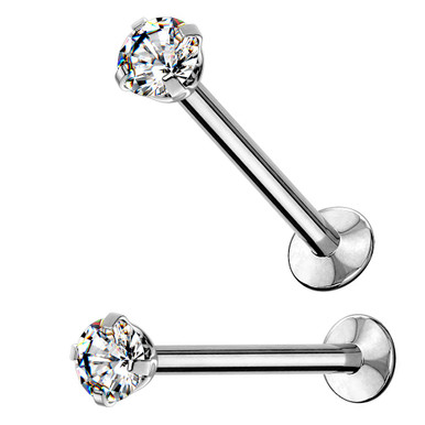 2PC 16G Clear CZ Prong Push Top Steel Labret Studs | BodyDazz.com