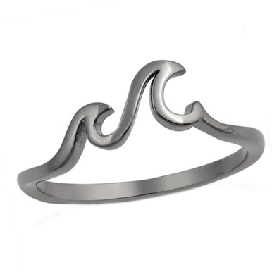 Double Wave Design Black 925 Sterling Silver Ring | BodyDazz.com