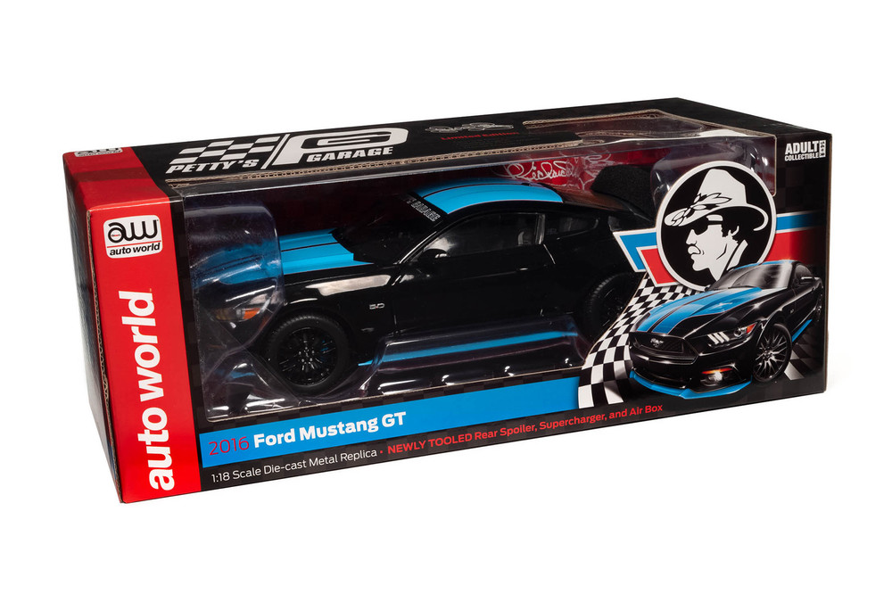 2016 Ford Mustang GT Hardtop, Black w/Blue Stripes - Auto World AW321 ...