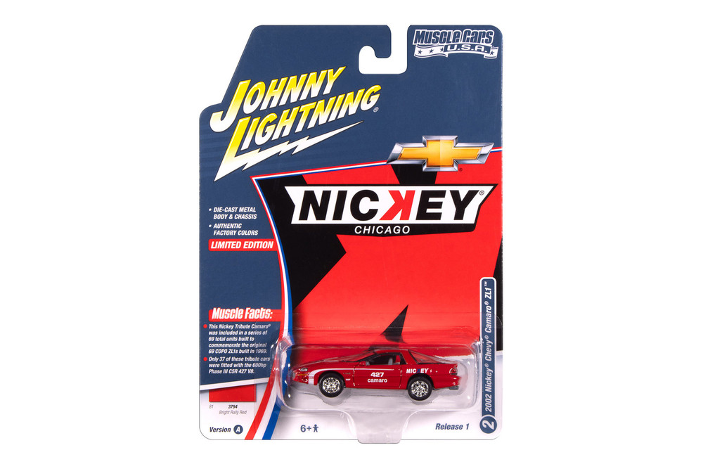 Nickey 2002 Chevy Camaro ZL1, Red w/White Stripes - Johnny Lightning ...