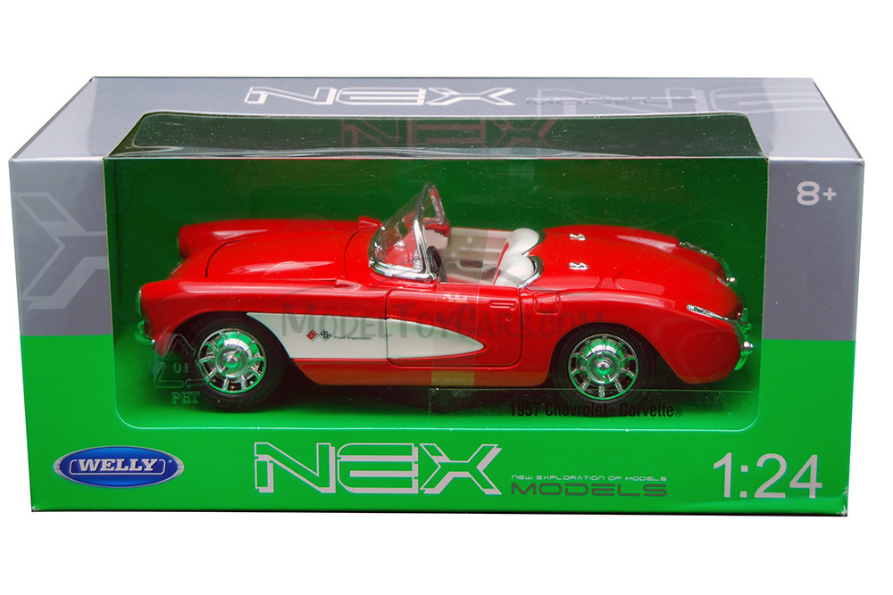 1957 Chevy Corvette Convertible, Red - Welly 29393 - 1/24 scale Diecast Model Car - ModelToyCars.com