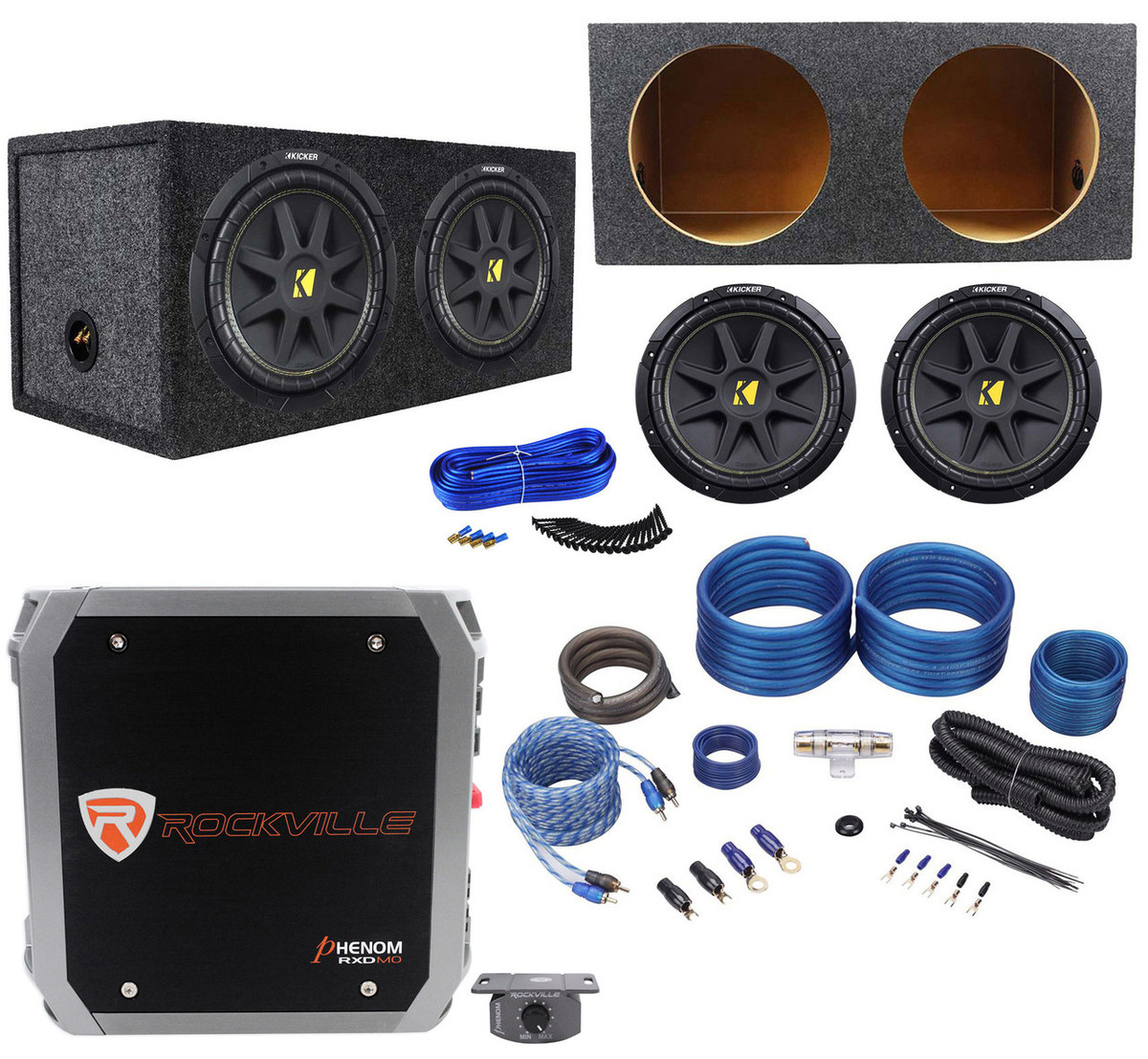 (2) Kicker 10C12D4 12" Comp Subs+Sealed Enclosure+500W Mono Amplifier ...