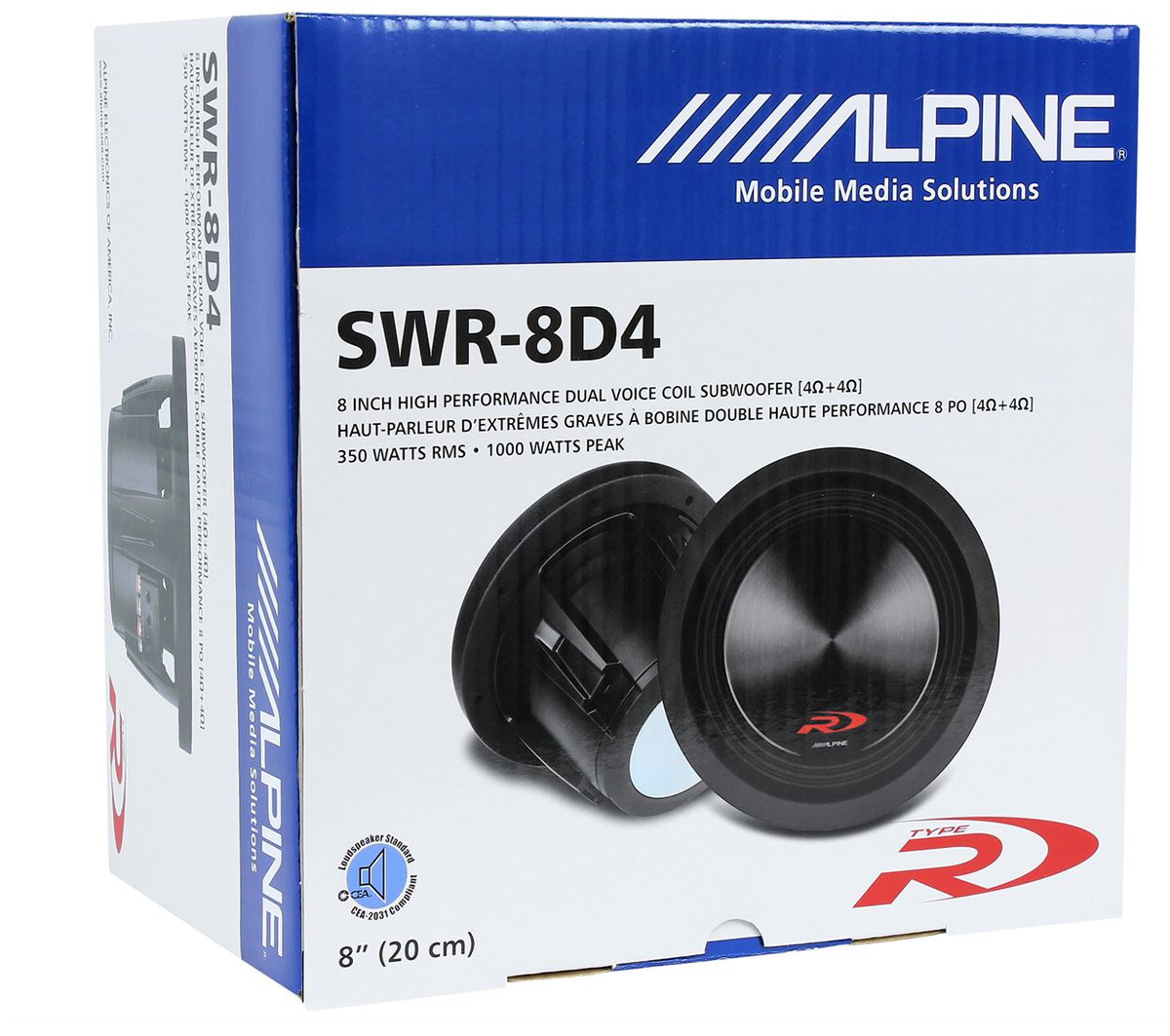 (2) Alpine SWR-8D4 8" 1000w Dual 4 Ohm Car Subwoofer+Sealed Sub Enclosure Box - Rockville Audio