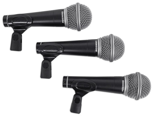 Samson R21 (3) Dynamic Vocal Cardioid Microphones+Mic Stands+Clips+Case ...