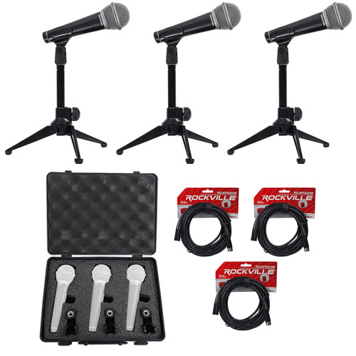 Samson R21 (3) Dynamic Vocal Cardioid Microphones+Mic Stands+Clips+Case ...