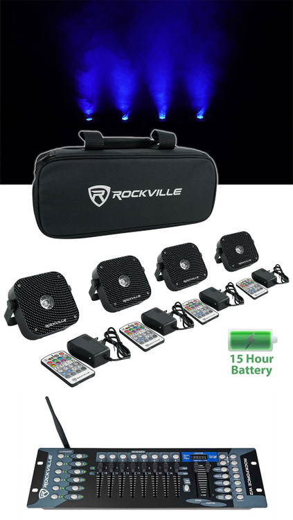 Rockville 4 PACK MINI RF1 V2 Black Up Lights+Bag+Remote+Wireless DMX ...