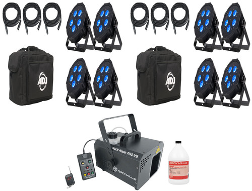 (2) American DJ MEGA FLAT HEX PAK DMX Par Lights Kit w/Remote+Cables+Bags+Hazer - Rockville Audio