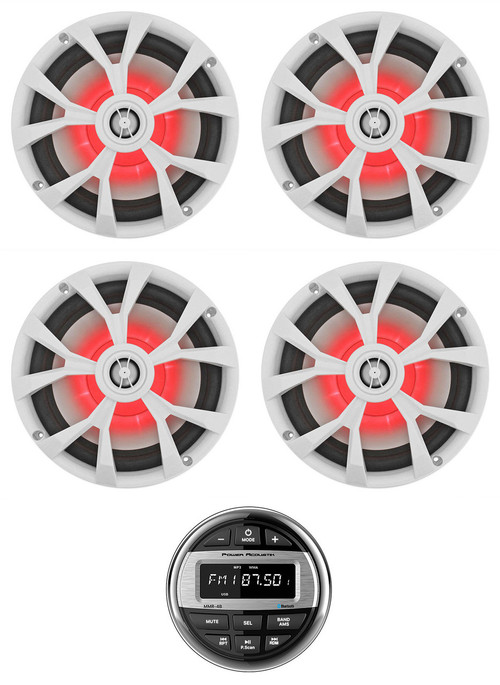 Power Acoustik MMR-4B Marine Receiver Bluetooth/USB/EQ+(4) 8" White LED ...