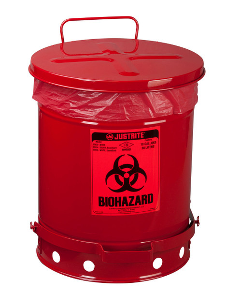 Justrite Waste Can - Biohazard - 10 Gallon - Red - 05930R