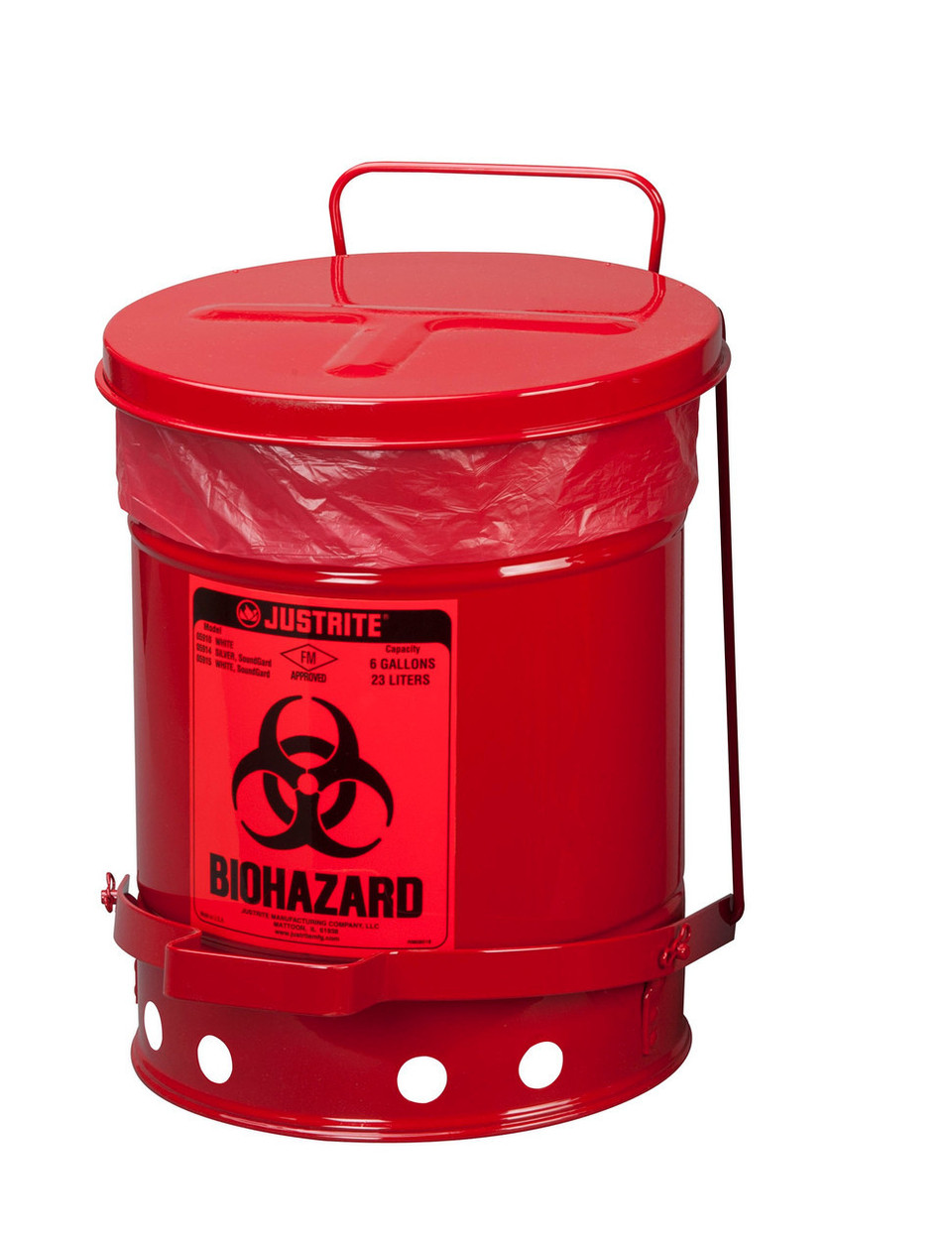 Justrite Waste Can - Biohazard - 10 Gallon - Red - 05930R