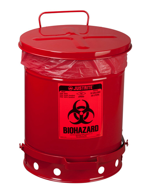 Justrite Waste Can - Biohazard - 10 Gallon - Red - 05930R