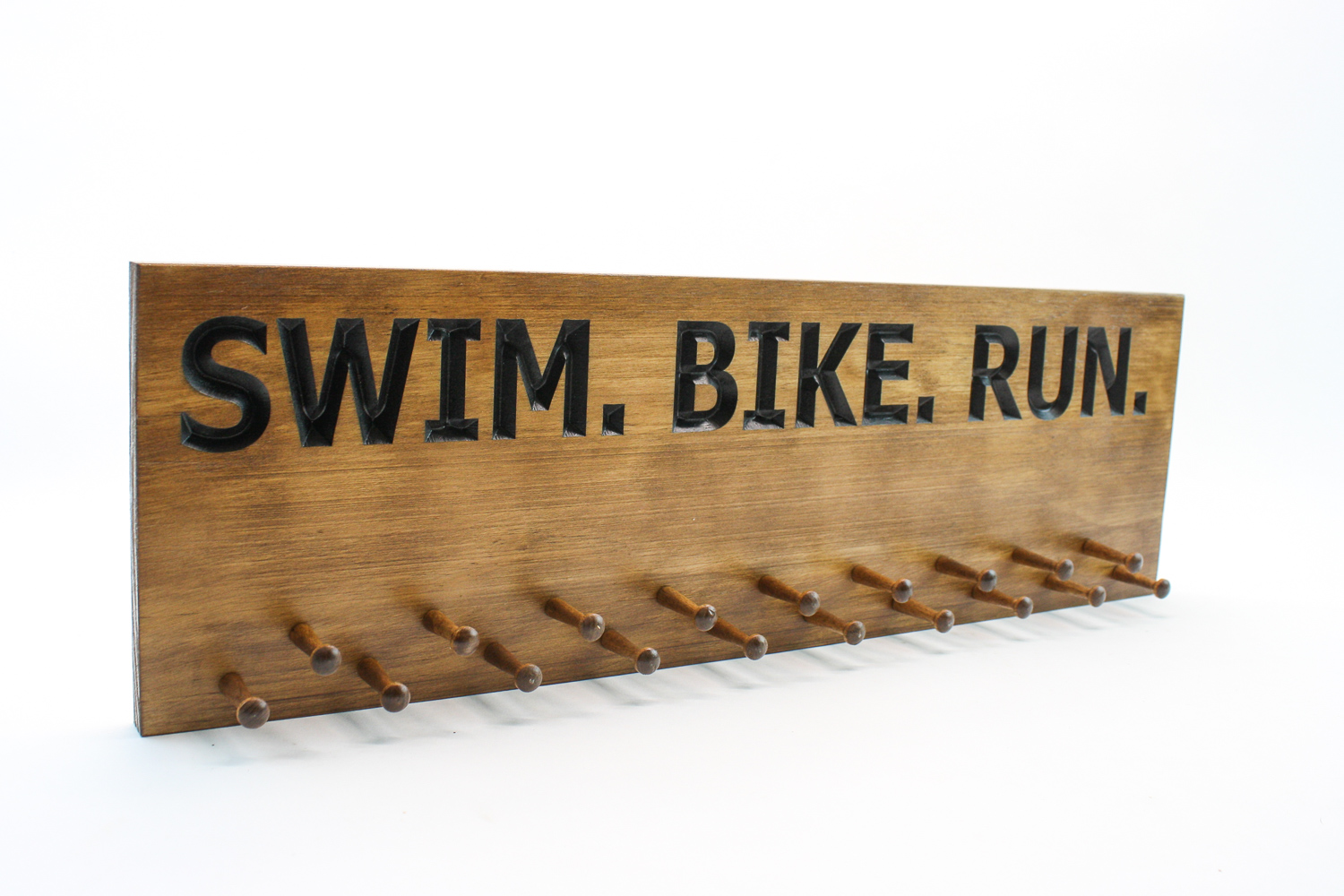 Triathlon SWIM-BIKE-RUN race medal display sign - Custom Wood Design