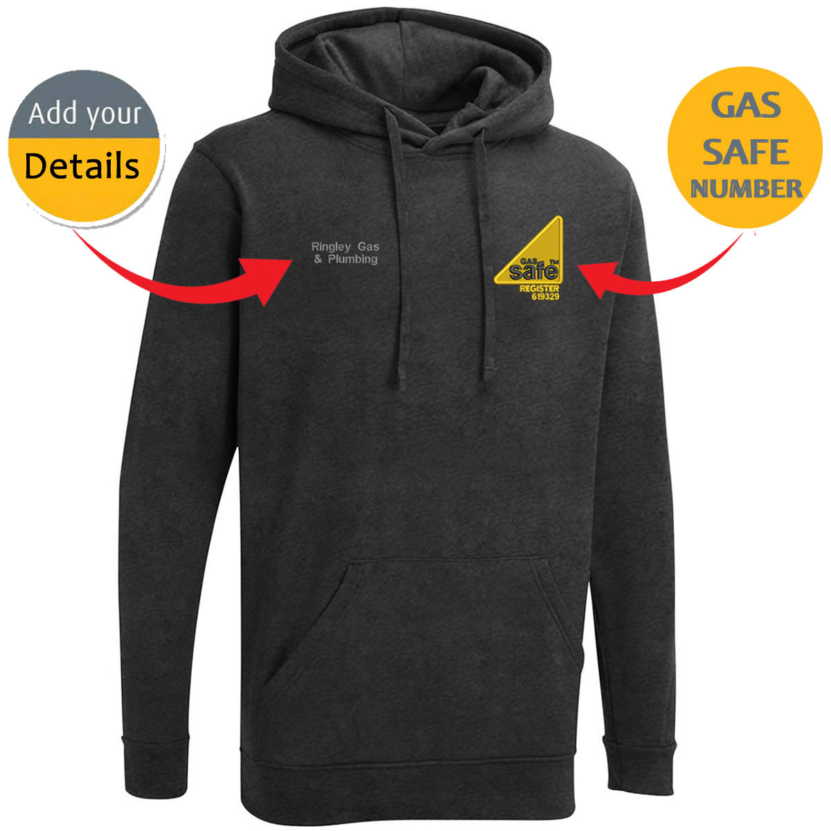 Personalised Embroidered Gas Safe Register Logo Hoodie Plumber Gas Fitter