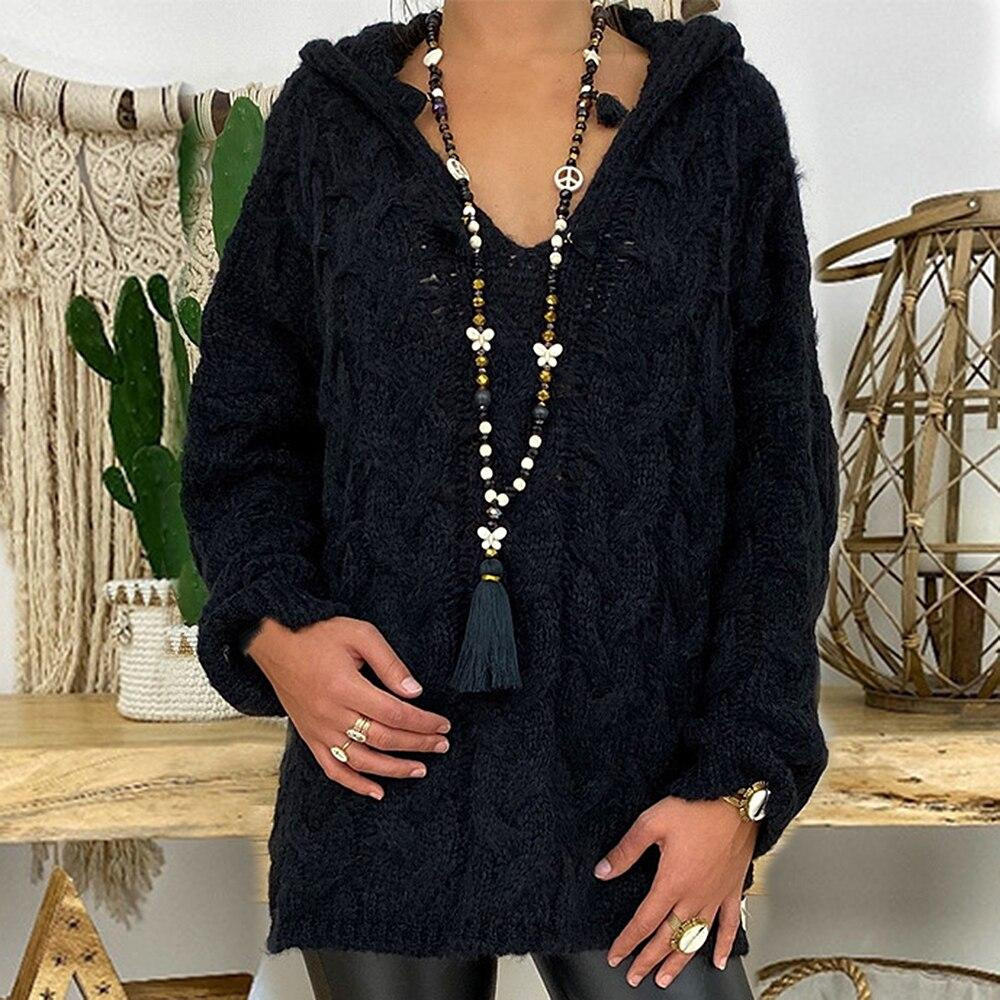 Pull à Capuche Uni Tricoté Pour Femme | Hiver | Col V | Solde