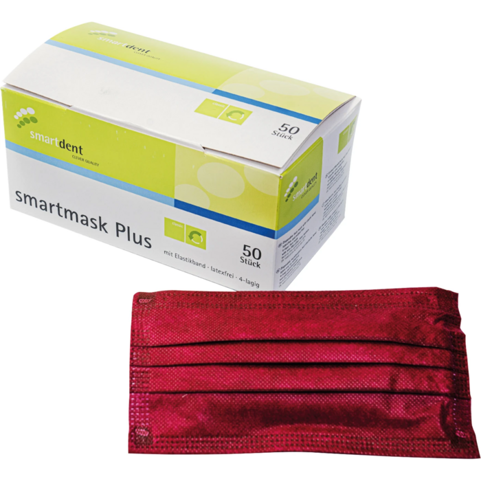 smartmask Plus munnbind 50 lateksfrie, 4-lags, vinrød - Odonto