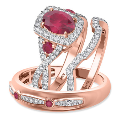 Lone 2 1/3 CT. T.W. Ruby and Diamond Trio Matching Wedding Ring Set 10K ...