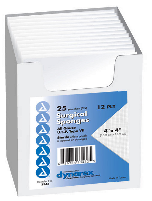 Dynarex Gauze Sponge, Sterile, 4" x 4", 12 Ply, 2's, 1200/cs - Medex Supply