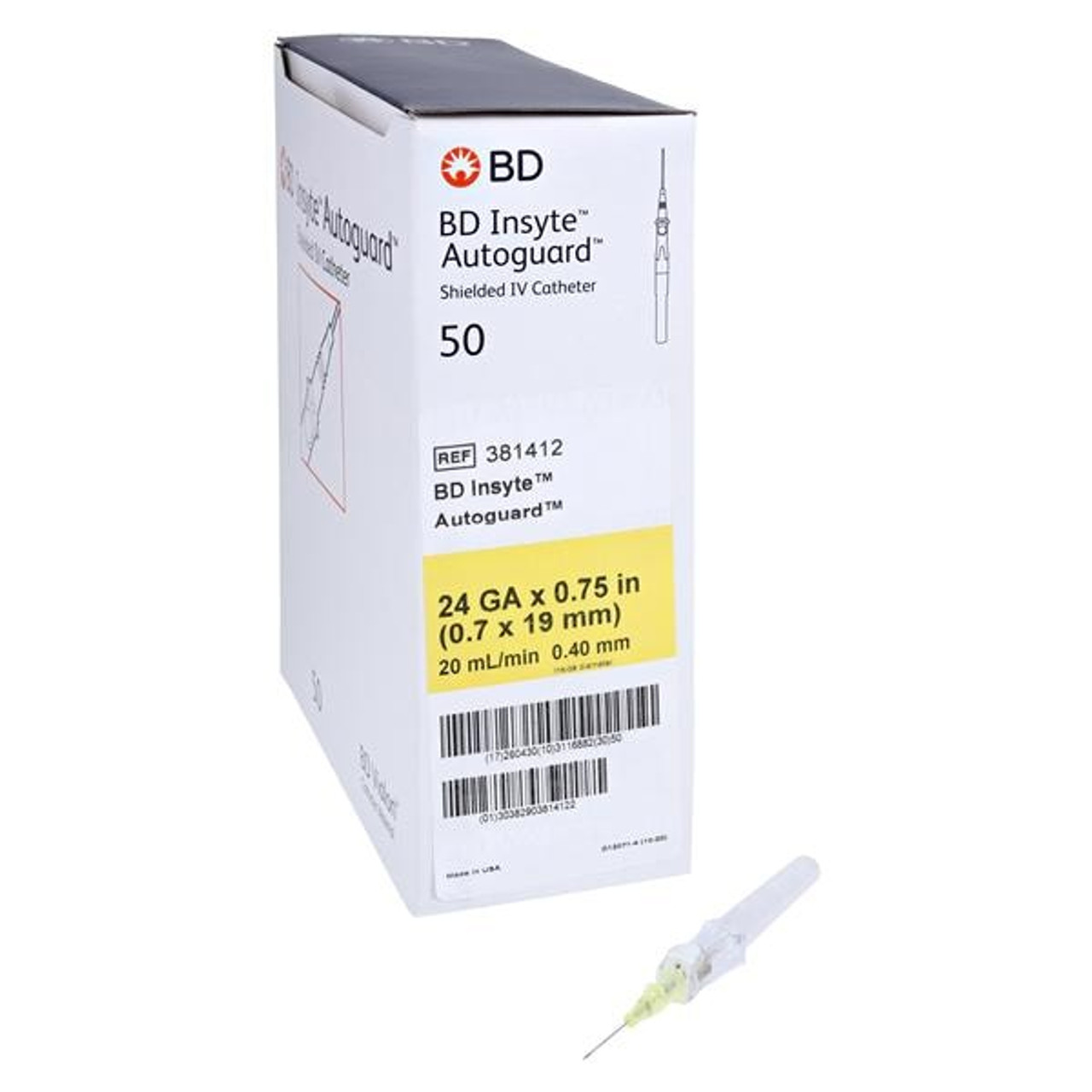 Insyte Autoguard IV Catheter Shielded 24 Gauge 3/4" Yellow Straight ...
