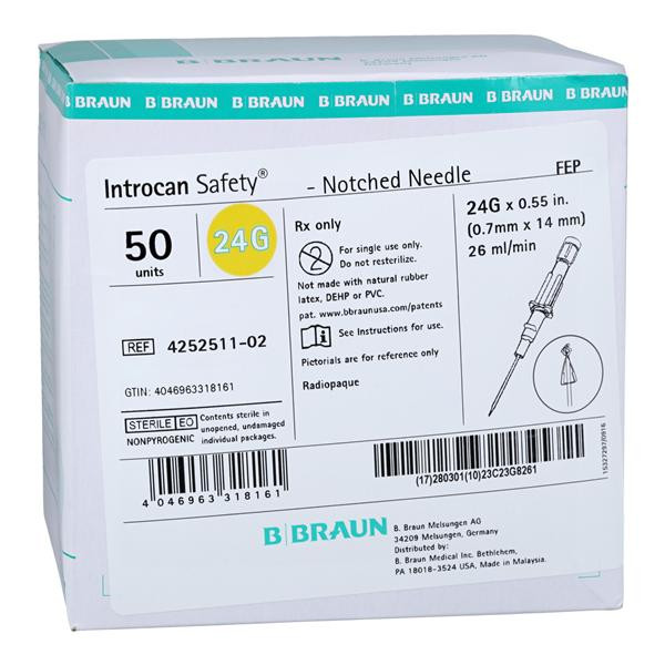 Peripheral IV Catheter Introcan Safety 24 Gauge 0.55 Inch FEP Polymer ...