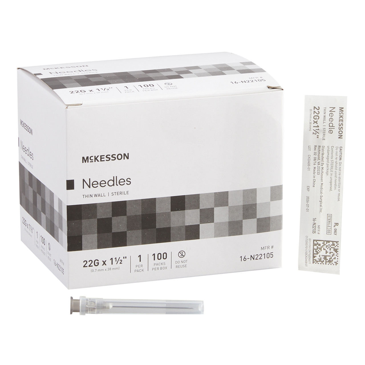 Hypodermic Needle McKesson 1-1/2 Inch Length 22 Gauge Thin Wall Without ...