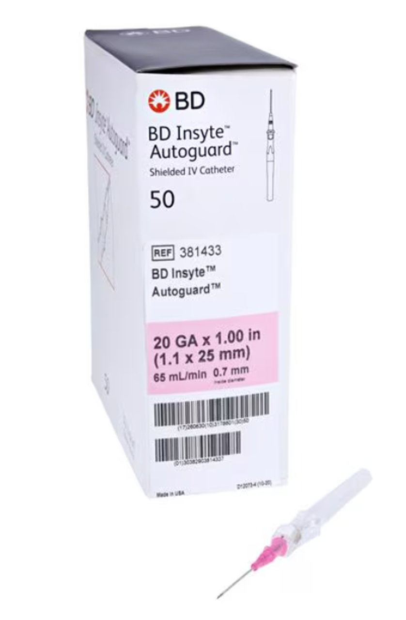 BD Peripheral IV Catheter Insyte Autoguard 20 Gauge 1 Inch BD Vialon Straight Hub Non Blood ...
